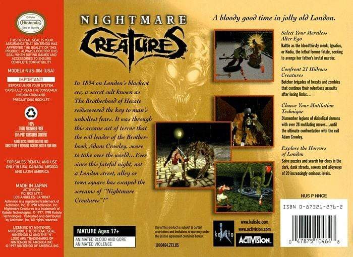 Nightmare Creatures Nintendo 64 Video Game N64 - Gandorion Games